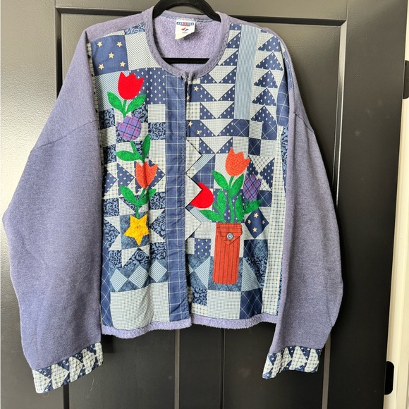 Jerzees | Jackets & Coats | Vintage Denim Blues Patchwork Sweater ...